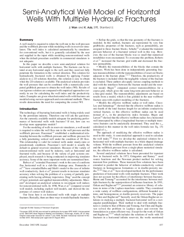 (PDF) Semi-Analytical Well Model of Horizontal Wells With Multiple Hydraulic Fractures