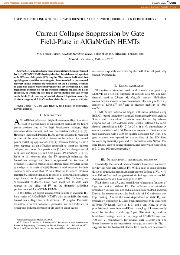 (PDF) Current Collapse Suppression by Gate Field-Plate in AlGaN/GaN HEMTs