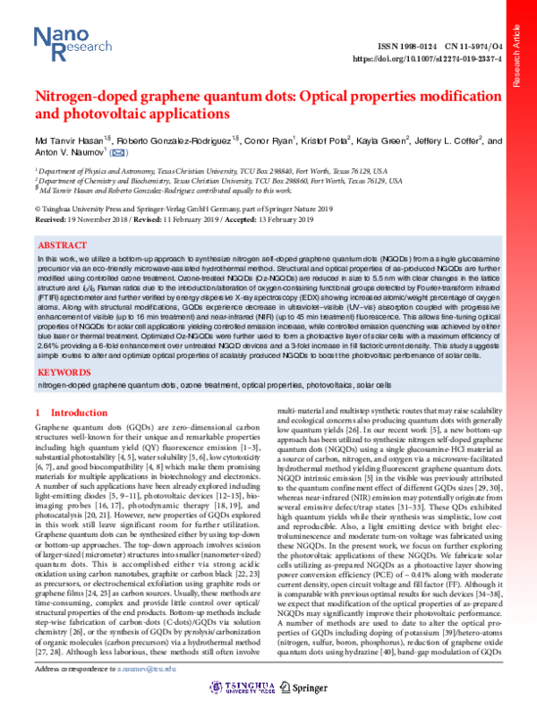 (PDF) Nitrogen-doped graphene quantum dots: Optical properties modification and photovoltaic ...