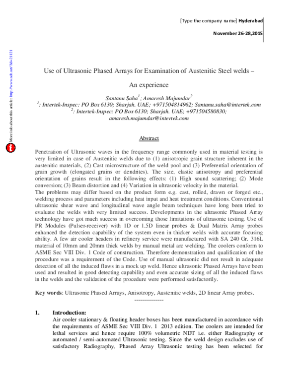 (PDF) Use of Ultrasonic Phased Arrays for Examination of Austenitic ...