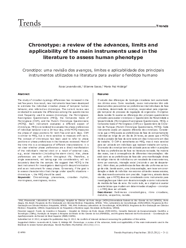 (PDF) Chronotype: a review of the advances, limits and applicability of ...