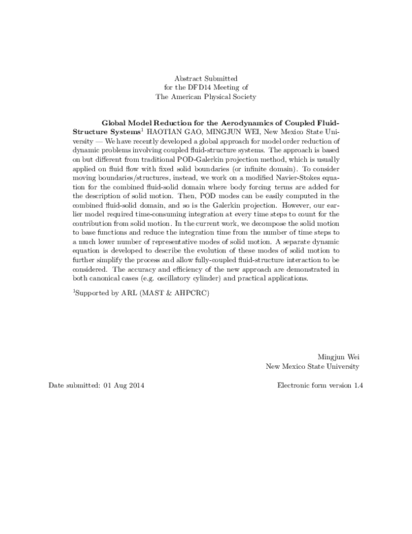 Pdf Global Model Reduction For The Aerodynamics Of Coupled Fluid Structure Systems