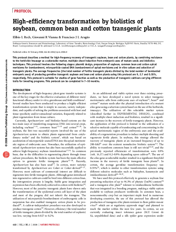 (PDF) High-efficiency transformation by biolistics of soybean, common ...