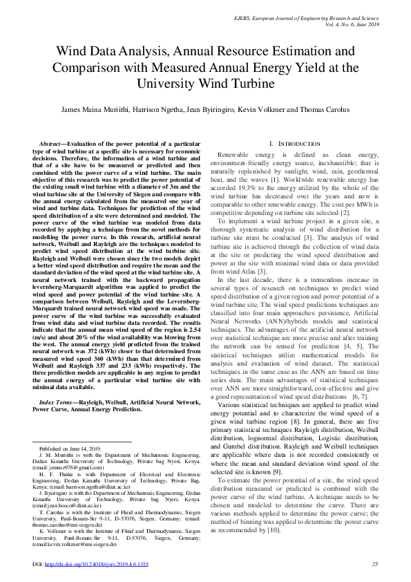 (PDF) Wind Data Analysis, Annual Resource Estimation And Comparison ...