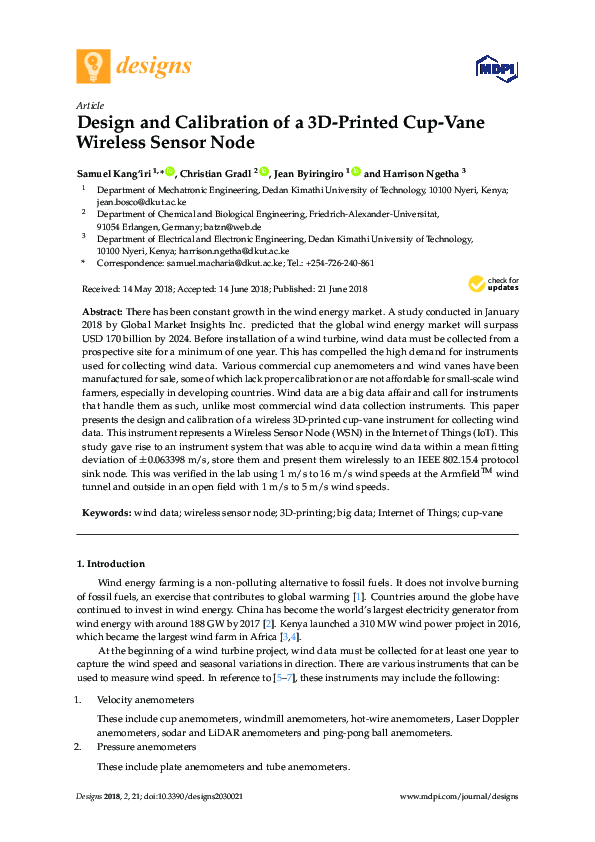(PDF) Design and Calibration of a 3D-Printed Cup-Vane Wireless Sensor Node