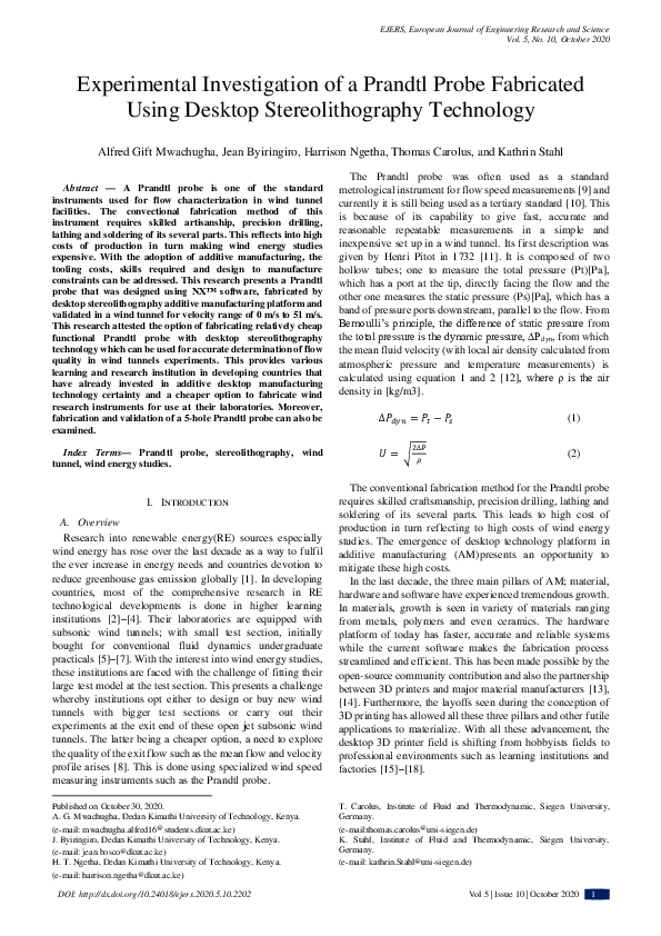 (PDF) Experimental Investigation of a Prandtl Probe Fabricated Using ...