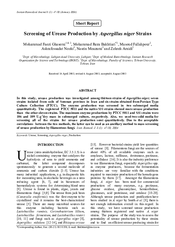 (PDF) Short Report Screening of Urease Production by Aspergillus Niger ...