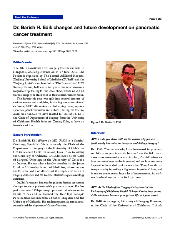 (PDF) Dr. Barish H. Edil: changes and future development on pancreatic ...