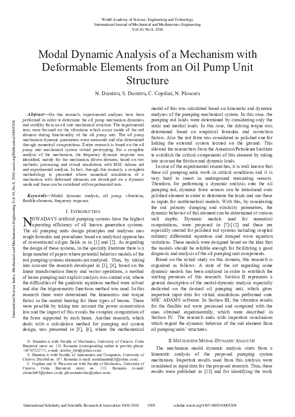 (PDF) Modal Dynamic Analysis Of A Mechanism With Deformable Elements From An Oil Pump Unit Structure