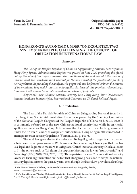 (PDF) Hong Kong's autonomy under 'one country, two systems' principle ...