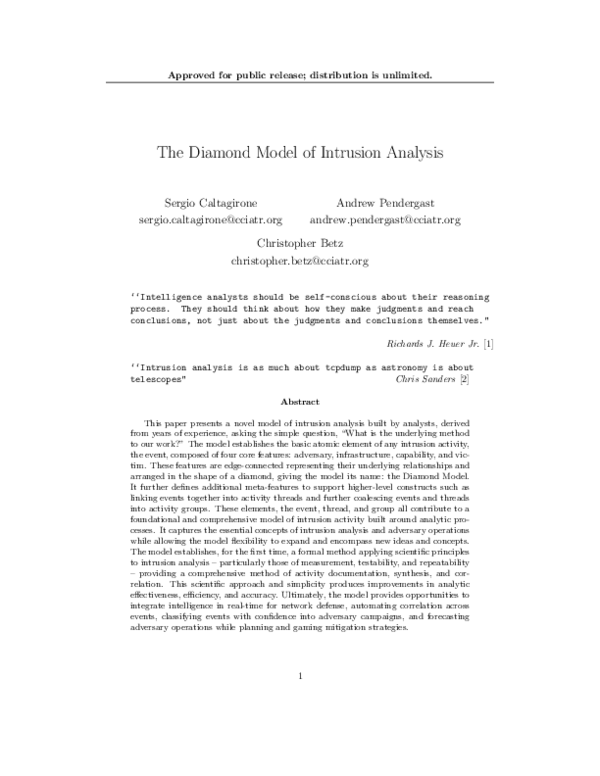 (PDF) The Diamond Model of Intrusion Analysis