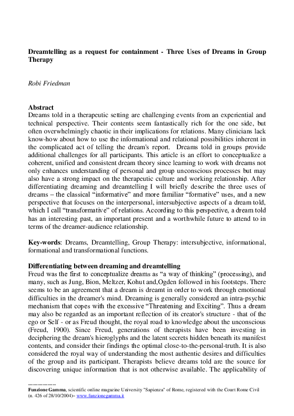 (PDF) Dreamtelling as a Request for Containment: Three Uses of Dreams ...