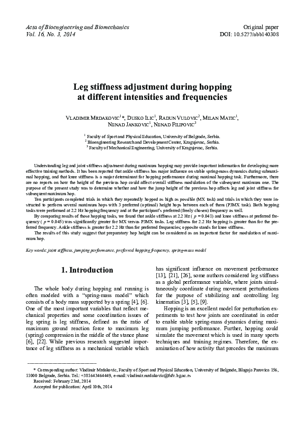(PDF) Leg stiffness adjustment during hopping at different intensities ...