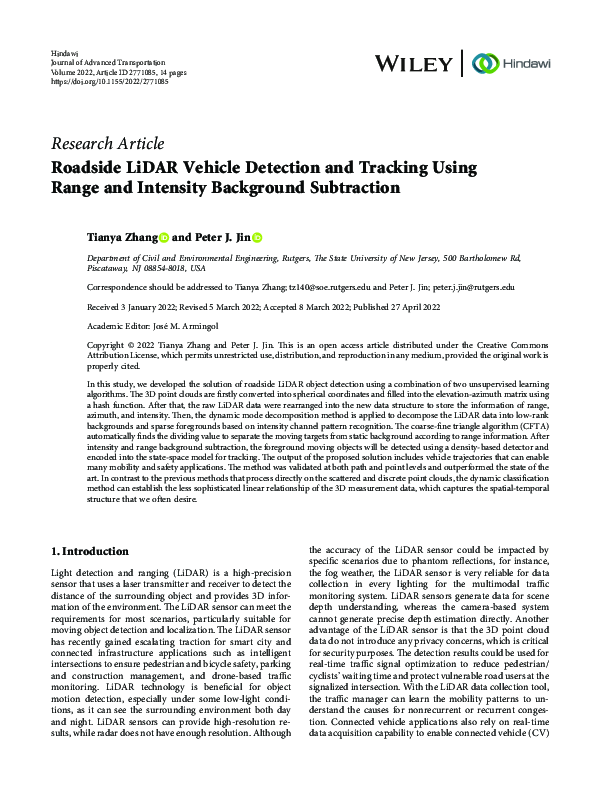 Pdf Roadside Lidar Vehicle Detection And Tracking Using Range And Intensity Background