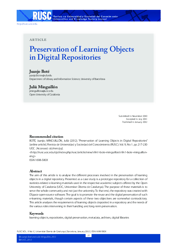 (PDF) Preservation of Learning Objects in Digital Repositories