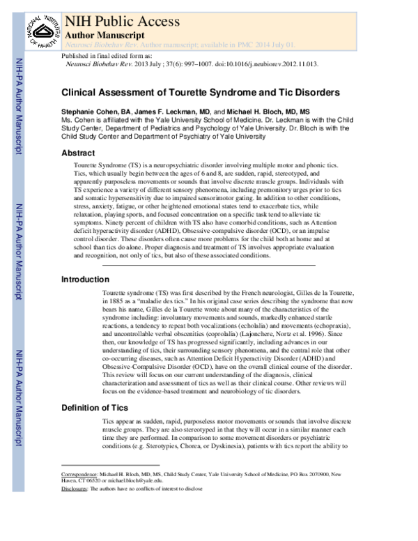 (PDF) Clinical assessment of Tourette syndrome and tic disorders