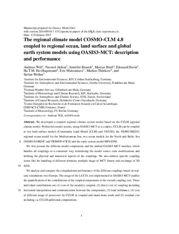 (PDF) The regional climate model COSMO-CLM 4 . 8 coupled to regional ...