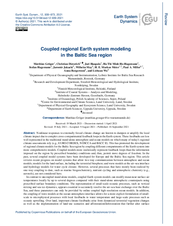 Pdf Coupled Regional Earth System Modeling In The Baltic Sea Region