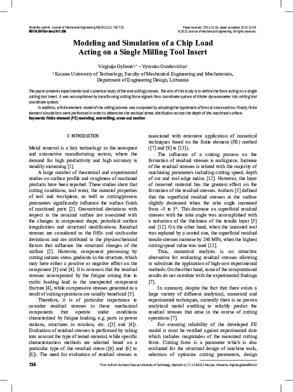 (PDF) Modeling and Simulation of a Chip Load Acting on a Single Milling Tool Insert
