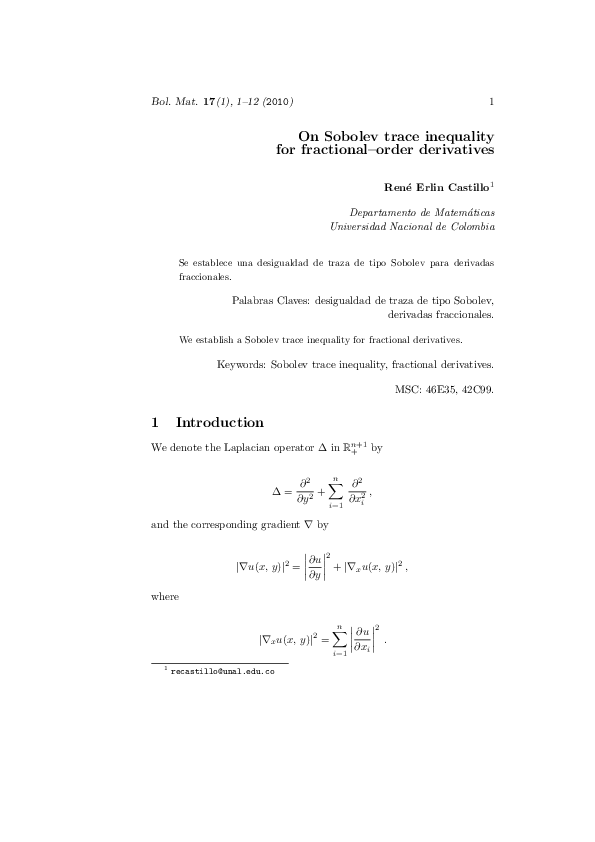 Pdf On Sobolev Trace Inequality For Fractional Order Derivatives