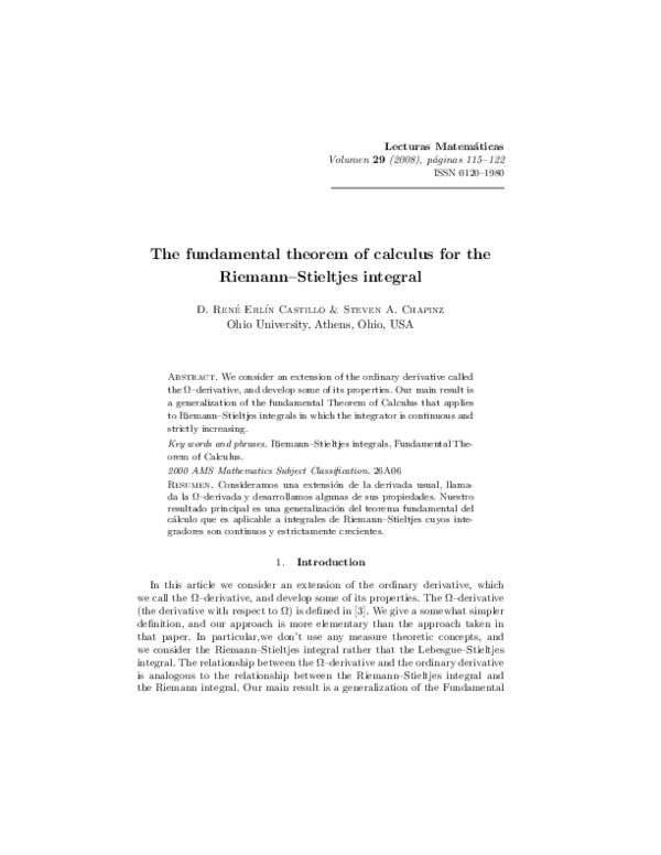 (PDF) The fundamental theorem of calculus for the Riemann-Stieltjes integral