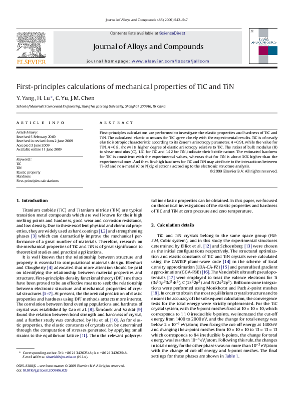 (PDF) First-principles calculations of mechanical properties of TiC and TiN