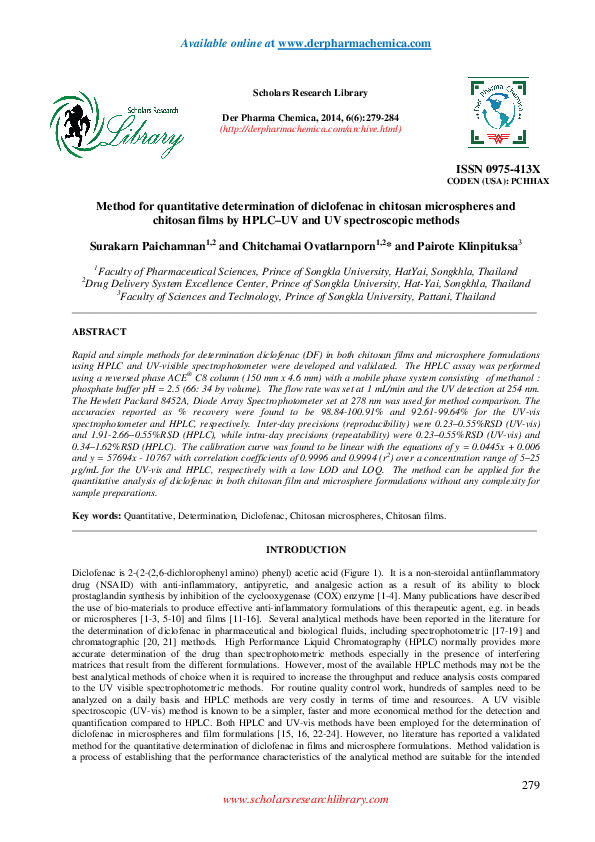 Pdf Method For Quantitative Determination Of Diclofenac In Chitosan Microspheres And Chitosan