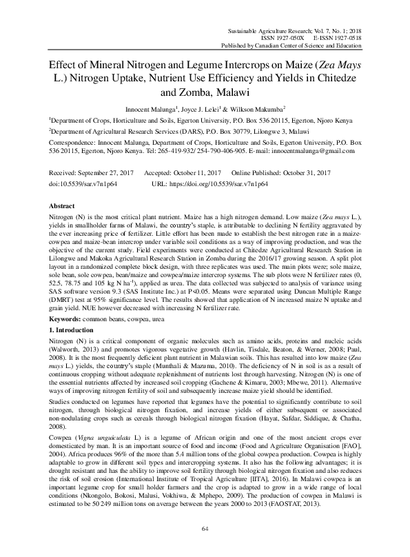 (PDF) Effect of Mineral Nitrogen and Legume Intercrops on Maize (Zea Mays L.) Nitrogen Uptake ...