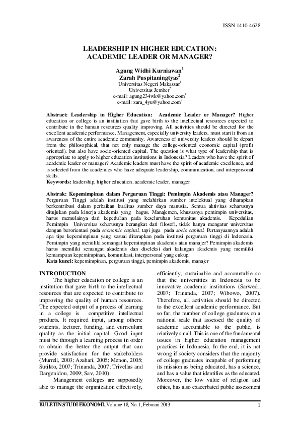(PDF) Leadership in Higher Education: Academic Leader or Manager?