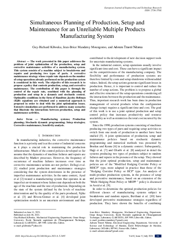 (PDF) Simultaneous Planning of Production, Setup and Maintenance for an ...