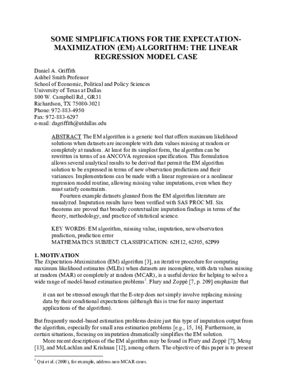 (PDF) Some Simplifications for the Expectation Maximization (Em) Algorithm: The Linear ...