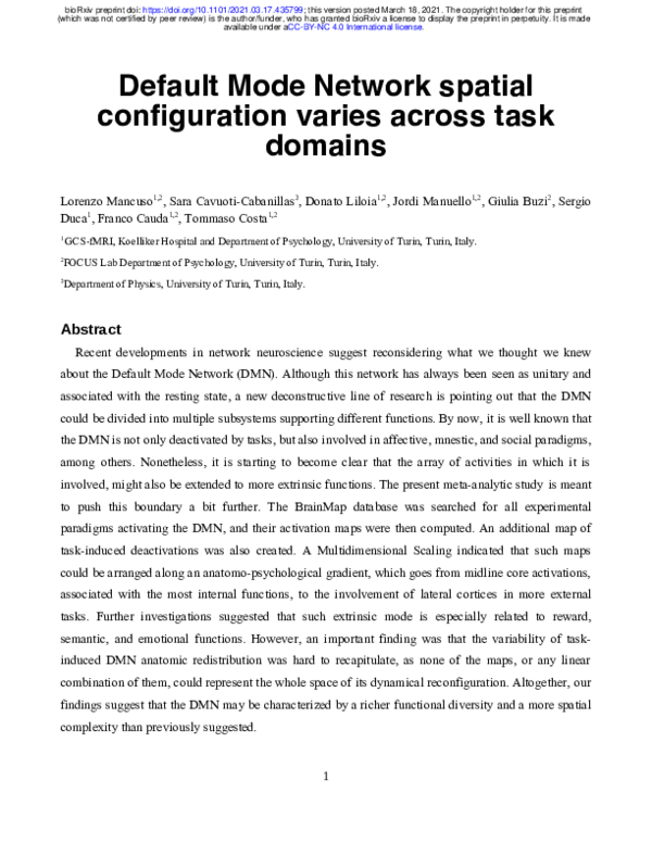(PDF) Default Mode Network spatial configuration varies across task domains
