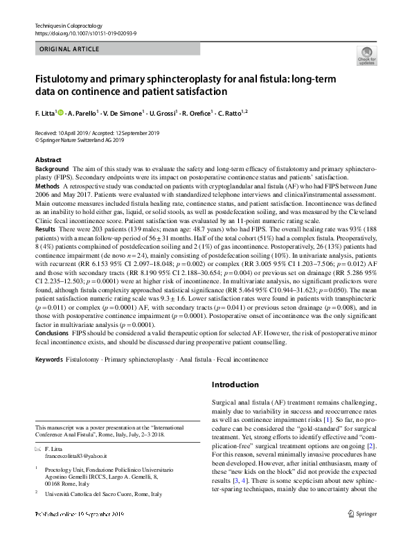 (PDF) Fistulotomy and primary sphincteroplasty for anal fistula: long ...