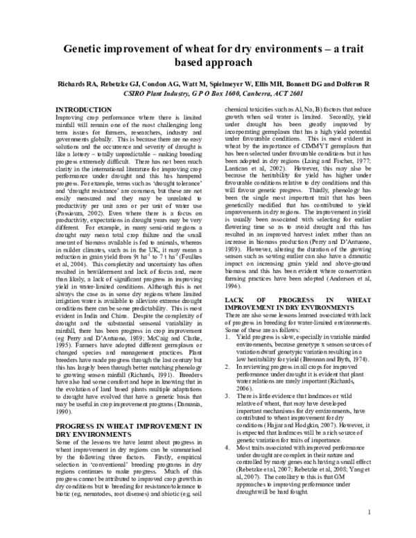 (PDF) Genetic improvement of wheat for dry environments–a trait based approach