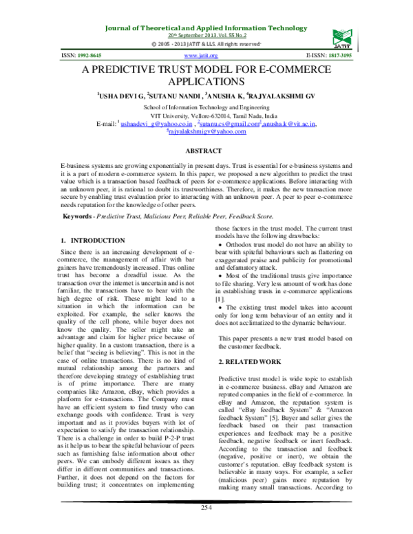 Pdf A Predictive Trust Model For E Commerce Applications Sutanu Nandi