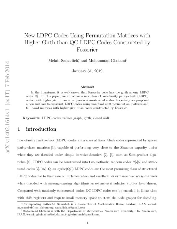 Pdf New Ldpc Codes Using Permutation Matrices With Higher Girth Than Qc Ldpc Codes Constructed