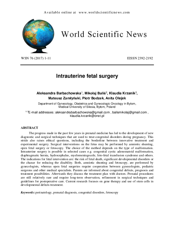 (PDF) Intrauterine fetal surgery