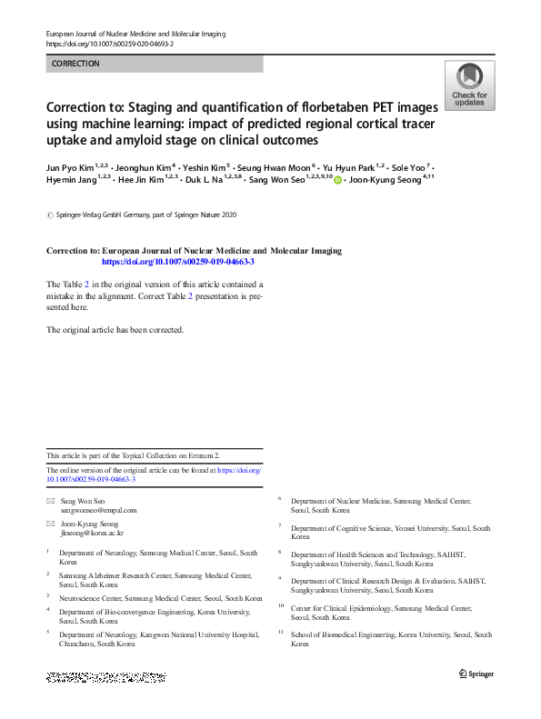 (PDF) Correction to: Staging and quantification of florbetaben PET images using machine learning ...