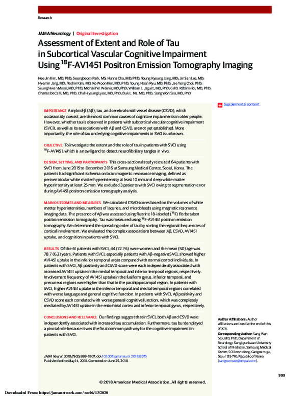 (PDF) Assessment of Extent and Role of Tau in Subcortical Vascular Cognitive Impairment Using ...