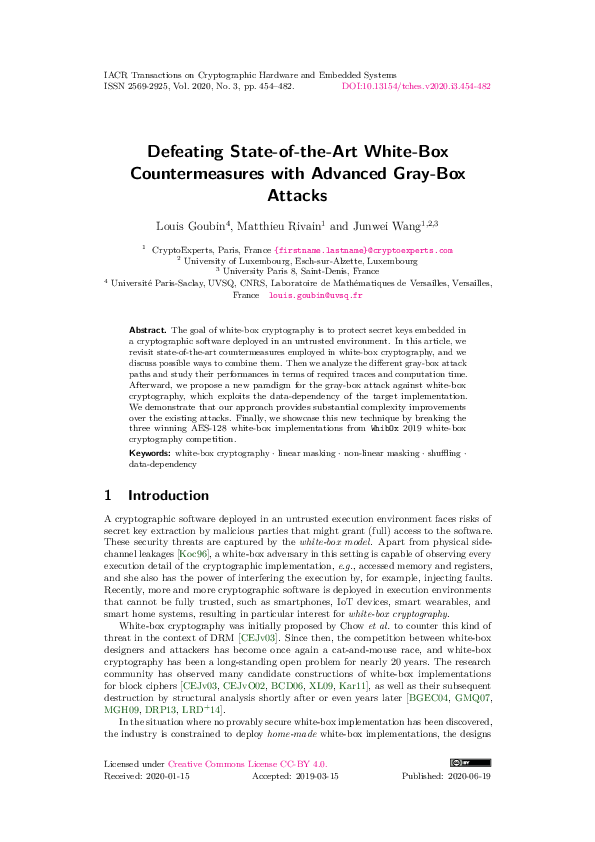 (PDF) Defeating State-of-the-Art White-Box Countermeasures with ...
