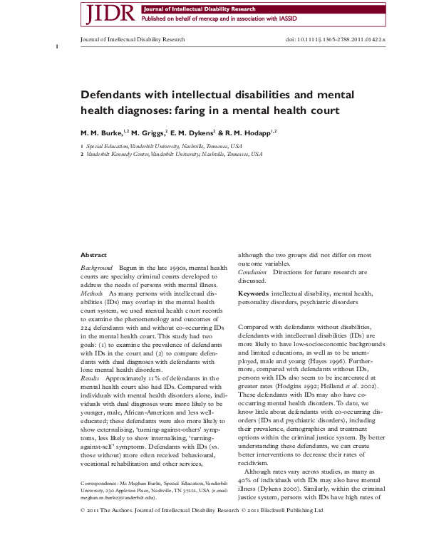 (PDF) Defendants with intellectual disabilities and mental health ...