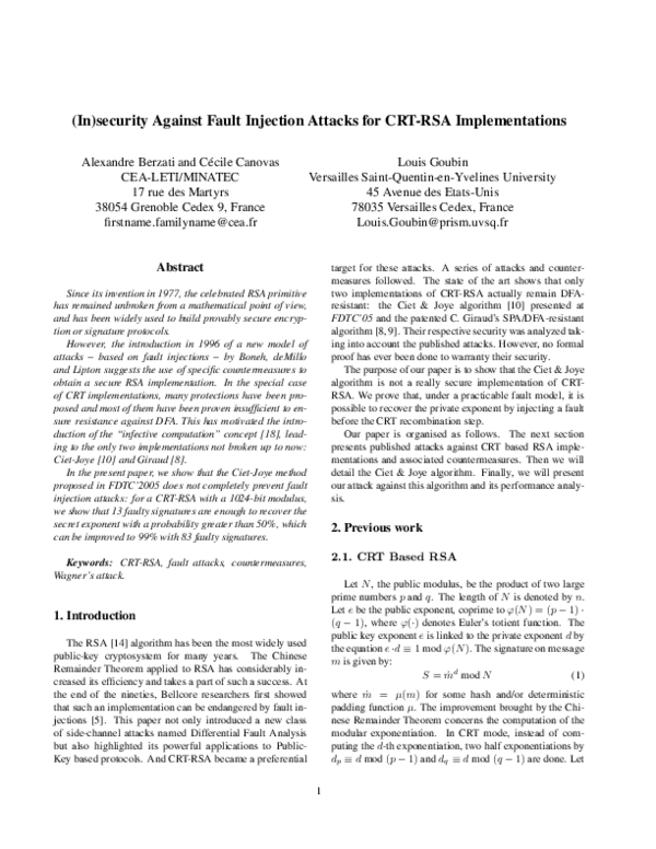 Pdf Insecurity Against Fault Injection Attacks For Crt Rsa Implementations Louis Goubin