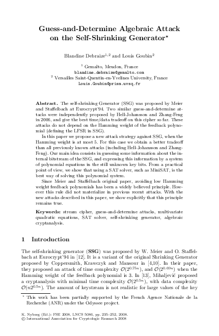 (PDF) Guess-and-Determine Algebraic Attack on the Self-Shrinking Generator | Louis Goubin ...