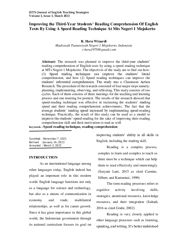 (PDF) Improving the Third-Year Students’ Reading Comprehension Of English Texts By Using A Speed ...