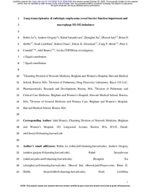 (PDF) Lung transcriptomics of radiologic emphysema reveal barrier ...