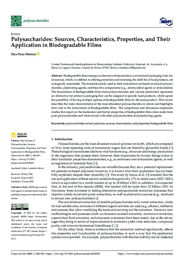 (PDF) Polysaccharides: Sources, Characteristics, Properties, and Their Application in ...
