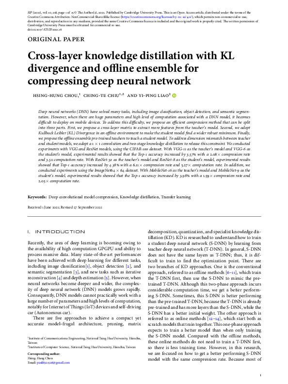 (PDF) Cross-layer knowledge distillation with KL divergence and offline ensemble for compressing ...