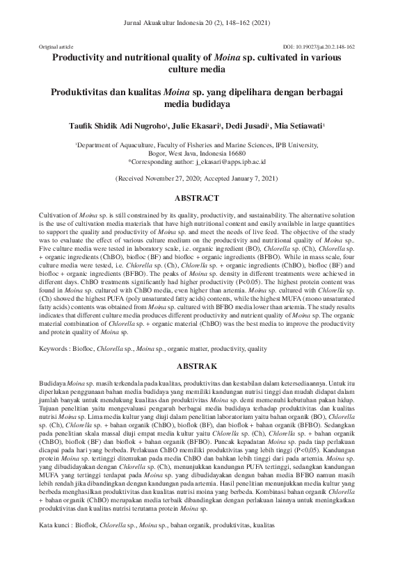 (PDF) Productivity and quality of Moina sp. cultivated with various ...