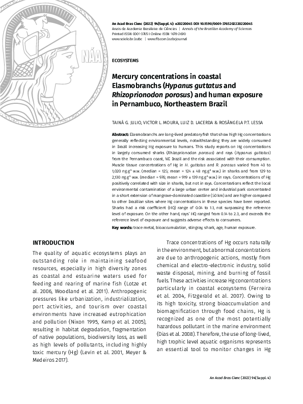 (PDF) Mercury concentrations in coastal Elasmobranchs (Hypanus guttatus ...
