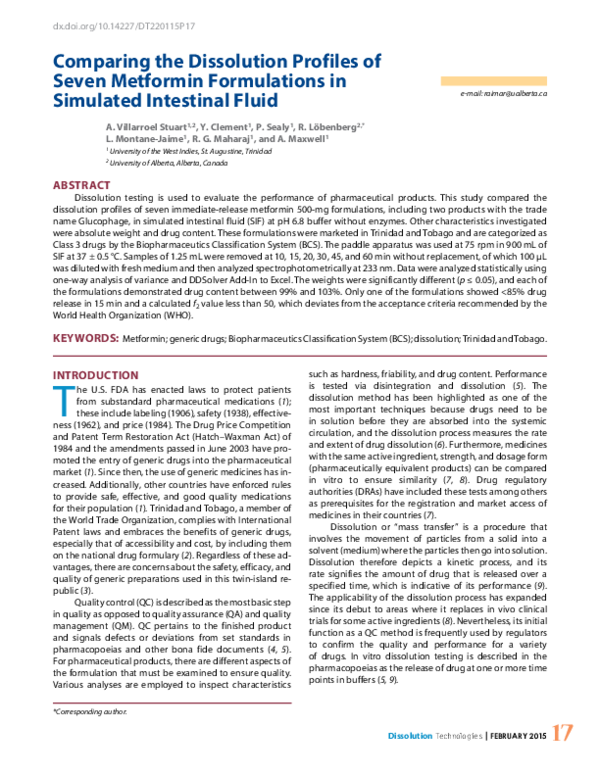 Pdf Comparing The Dissolution Profiles Of Seven Metformin Formulations In Simulated Intestinal